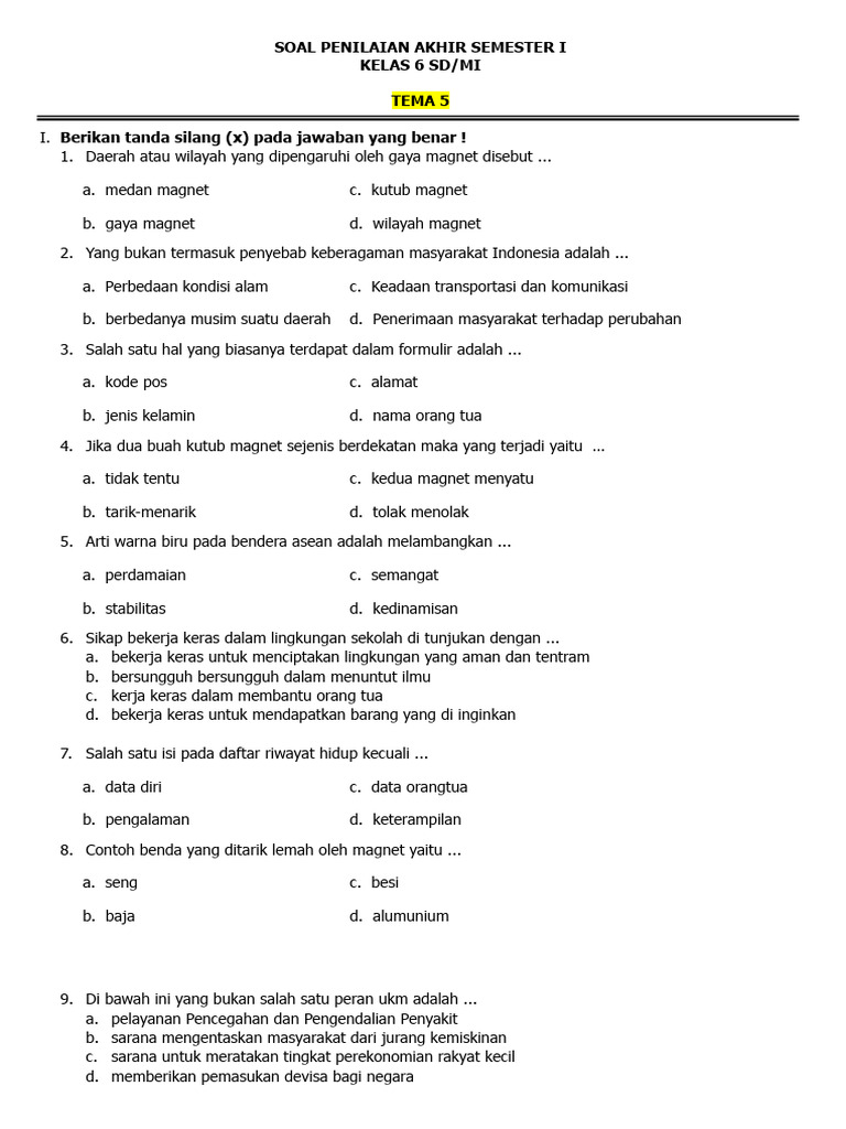 Soal PAS Kelas 6 Sem 1 Tema 5 - Kamimadrasah | PDF | Politik | Perjalanan