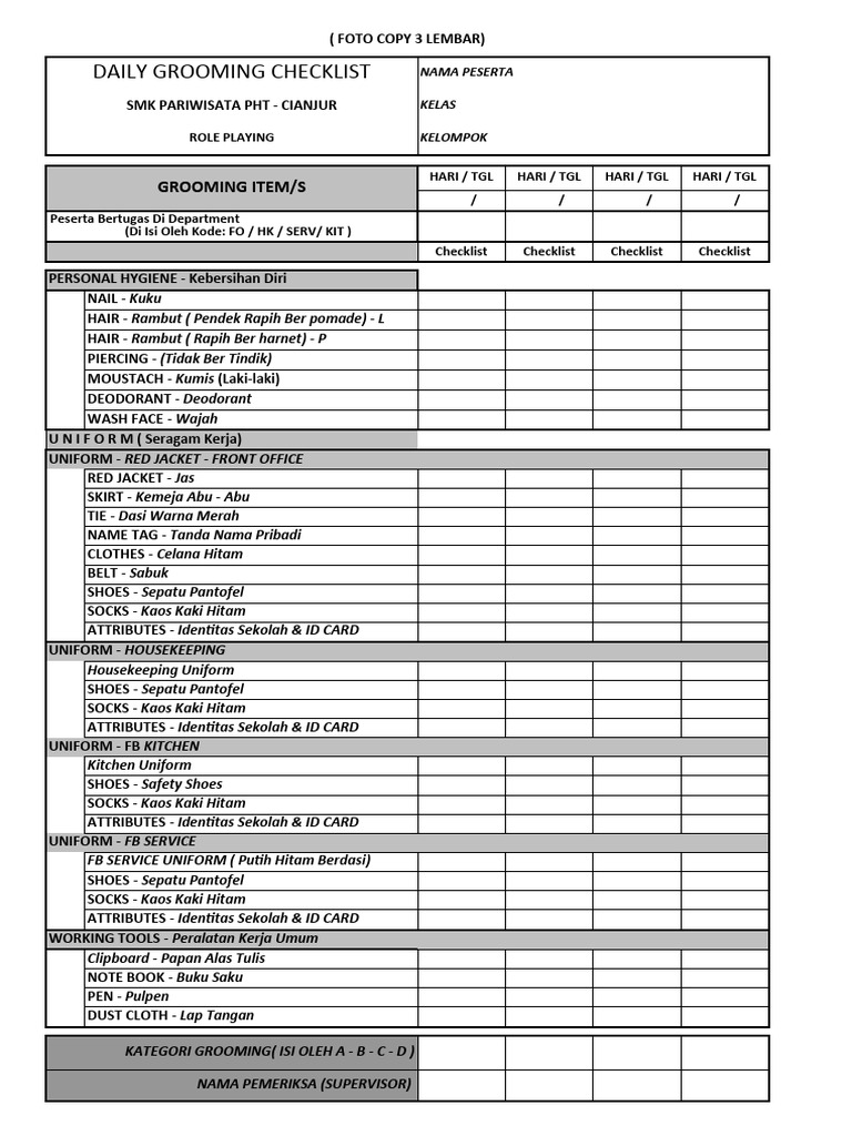 Role Playing 2022 - Grooming Checklist | PDF