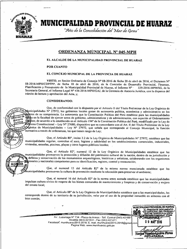 Ordenanza Municipal de Huaraz - 045-2016-MPHZ | PDF
