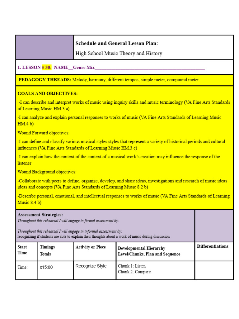 High School Music Theory and History Lesson Plan Genre Mix | Download ...