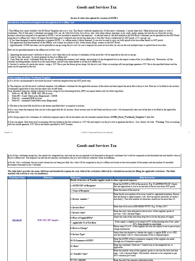 GSTR 1 Excel Template Guide | PDF | Invoice | Microsoft Excel