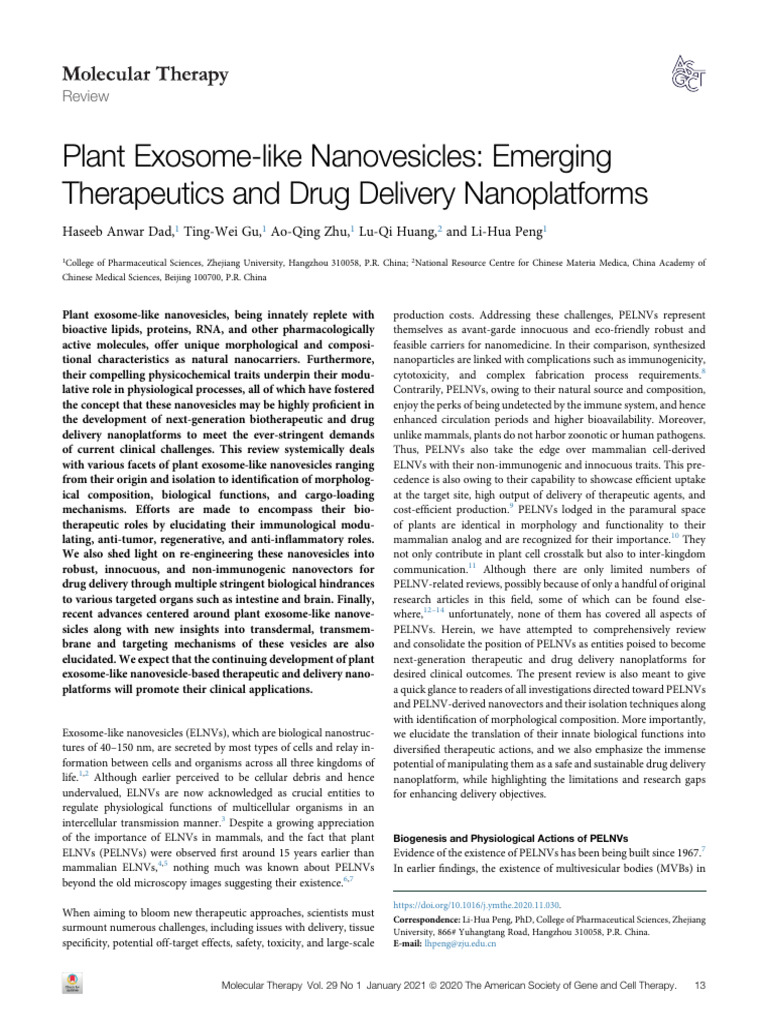 8 Plant Exosome Like Nanovesicles Emerging Therapeutics