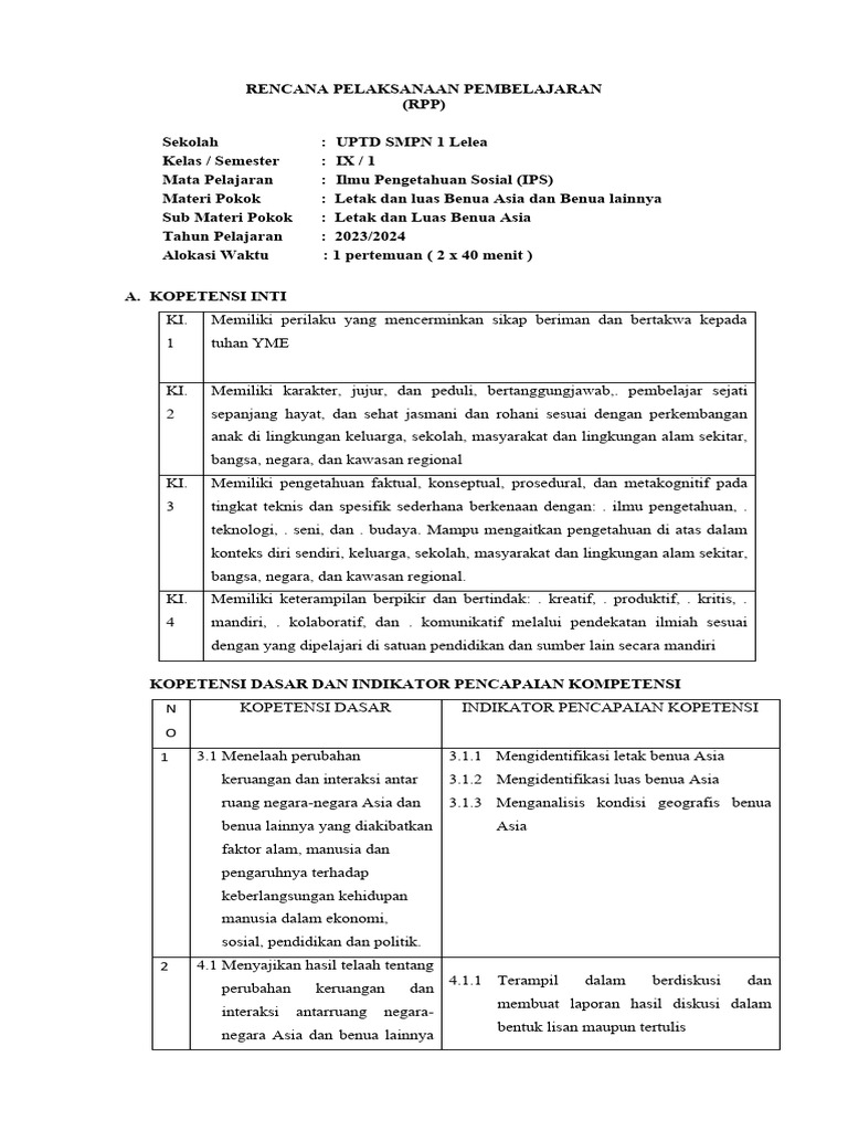 RPP IPS Kelas 9 Semester 1 Benua Asia | PDF