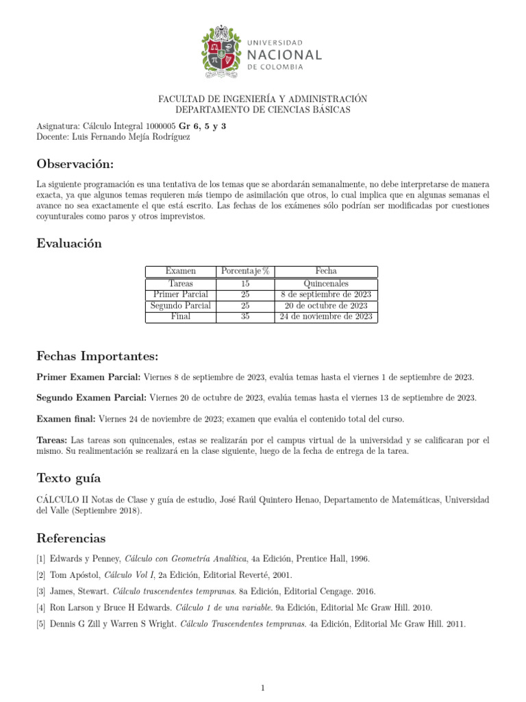 Programa y Parcelacion Calculo 2 | PDF | Integral | Análisis matemático