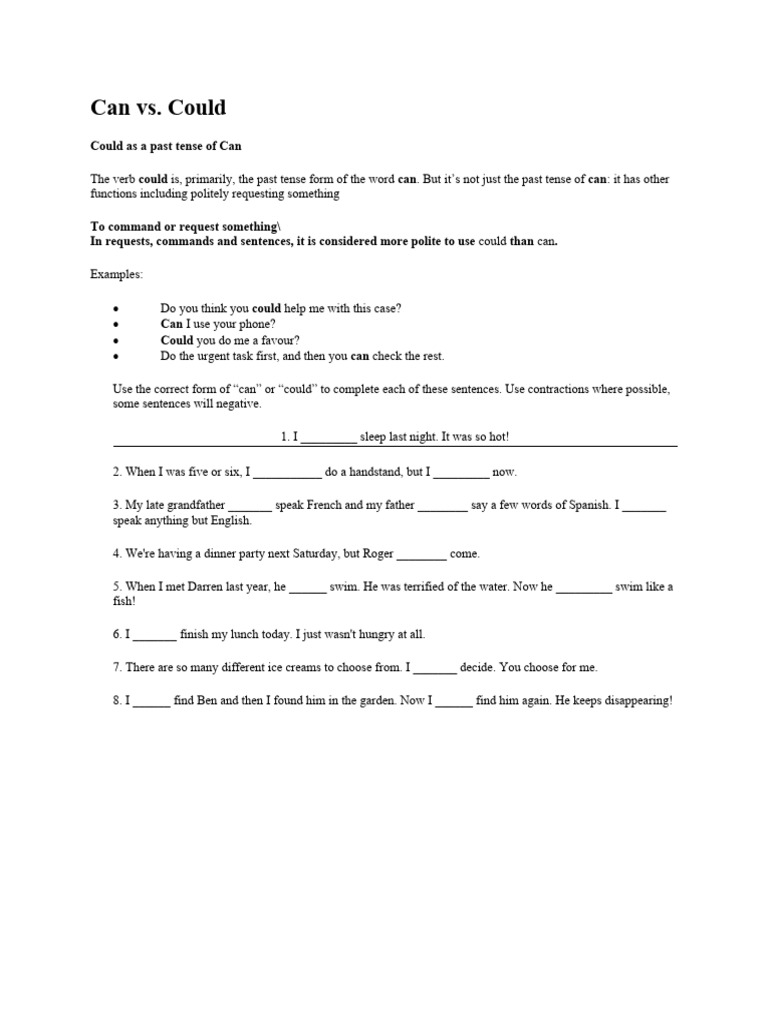 Can Vs Could Worksheet | PDF Can Vs Could Worksheet | PDF