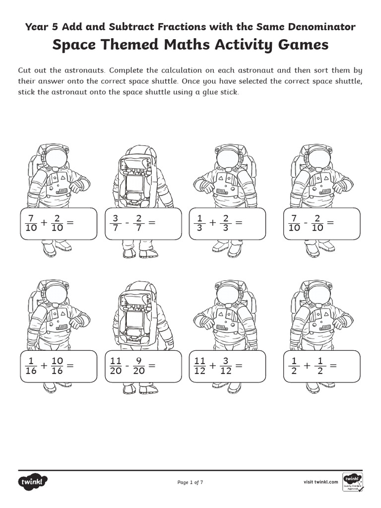 Add and Subtract Fractions With The Same Denominator Space Themed Maths ...