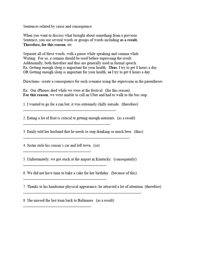 Sentences Related by Cause and Consequence Worksheet | PDF