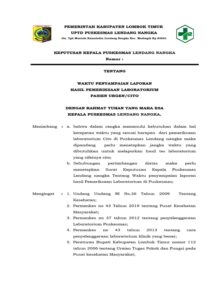 SK TTG Waktu Penyampaian Hasil Lab Cito | PDF