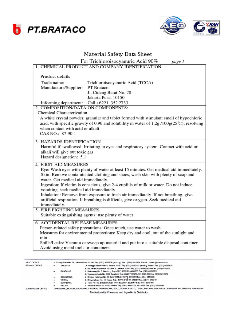 MSDS TCCA Brataco 2019 | PDF | Water | Damages