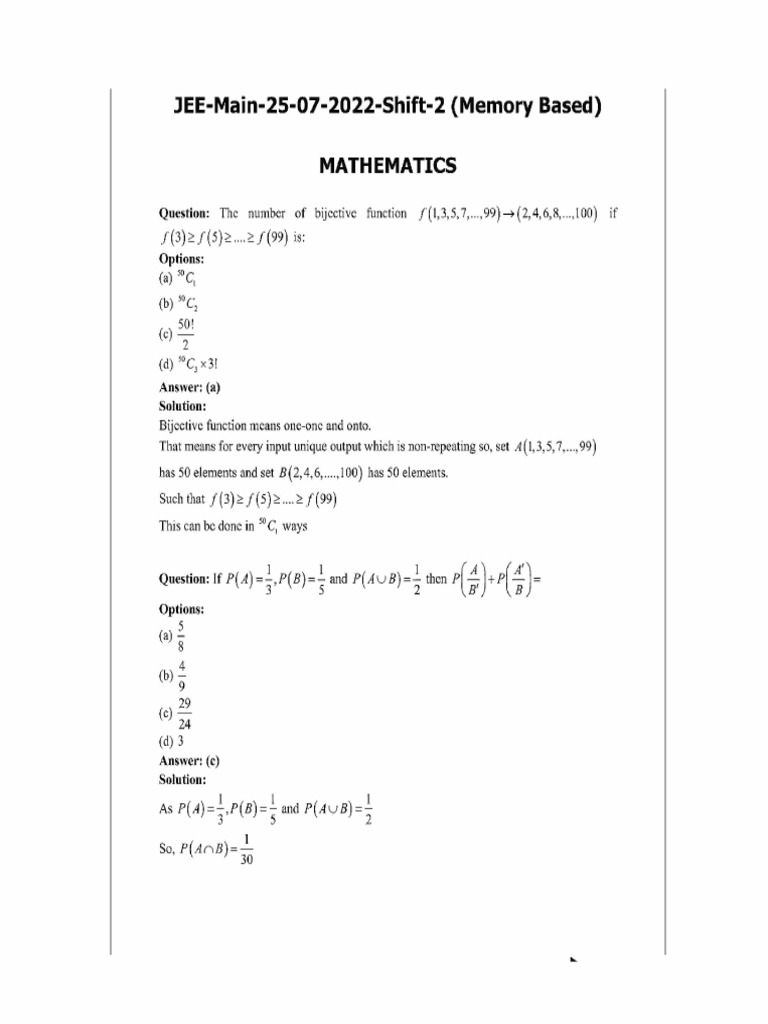 JEE Main 2022 25 July Shift 2 Math | PDF