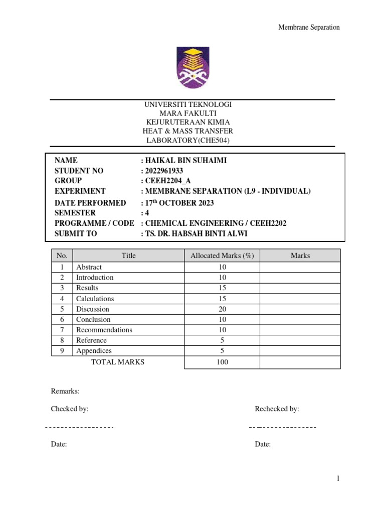 Membrane Separation Lab Report | PDF | Membrane | Membrane Technology