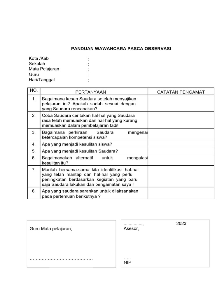 PEDOMAN WAWANCARA Observasi Pembelajaran (Pra Dan Pasca) | PDF
