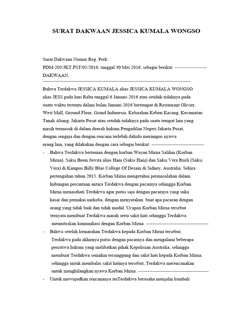 Surat Dakwaan Jessica Kumala Wongso | PDF | Fiksi Misteri, Thriller, & Kejahatan