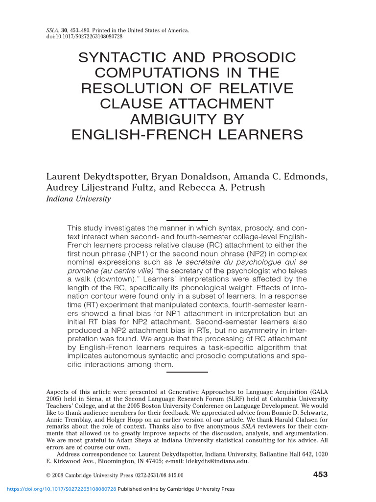 Syntactic and Prosodic Computations in The Resolution of Relative Clause Attachment Ambiguity by ...