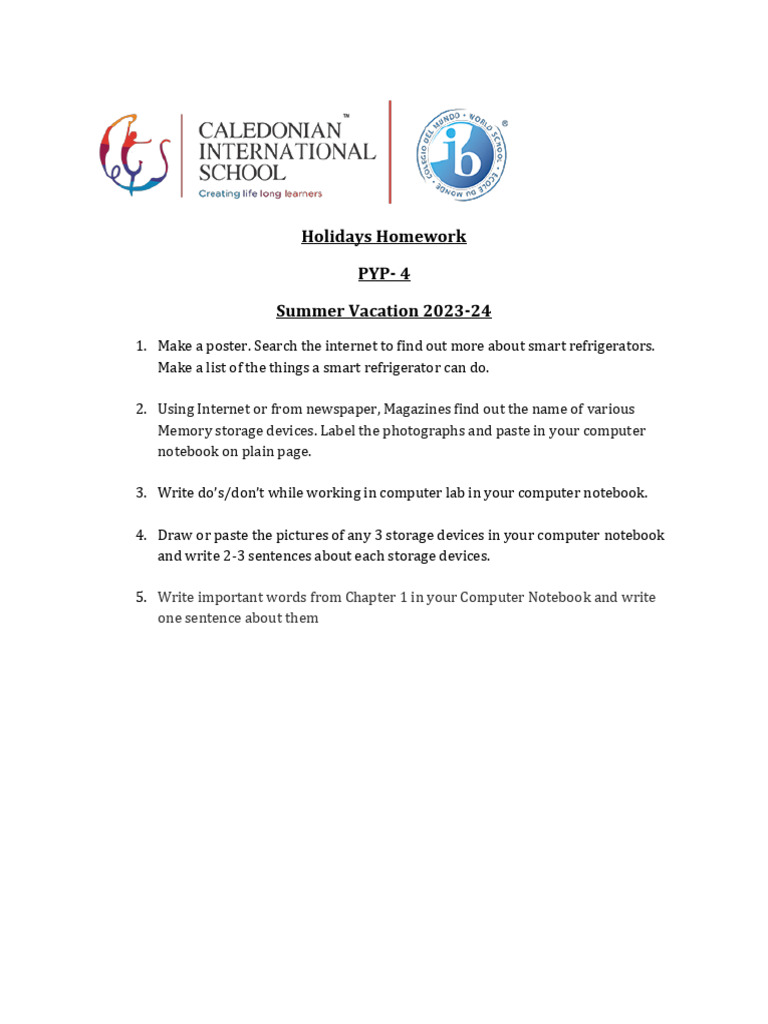 Holidays Homework Pyp 4 | PDF