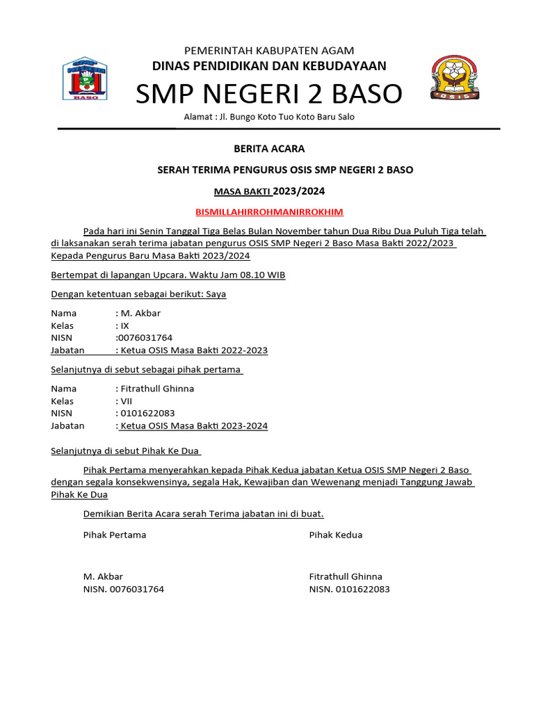 Berita Acara Pelantikan OSIS | PDF