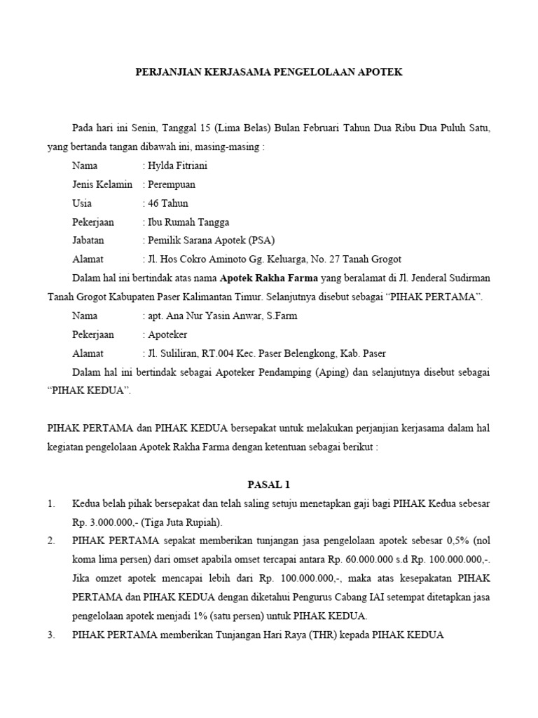 Perjanjian Kerjasama Pengelolaan Apotek Ok Pdf