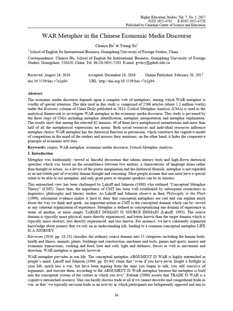Hu And Xu 2017 War Metaphor In The Chinese Economic Media Discourse Pdf Metaphor Discourse