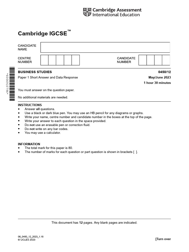 IGCSE CIE Business (0450) qp12 2023 | Download Free PDF | Working ...
