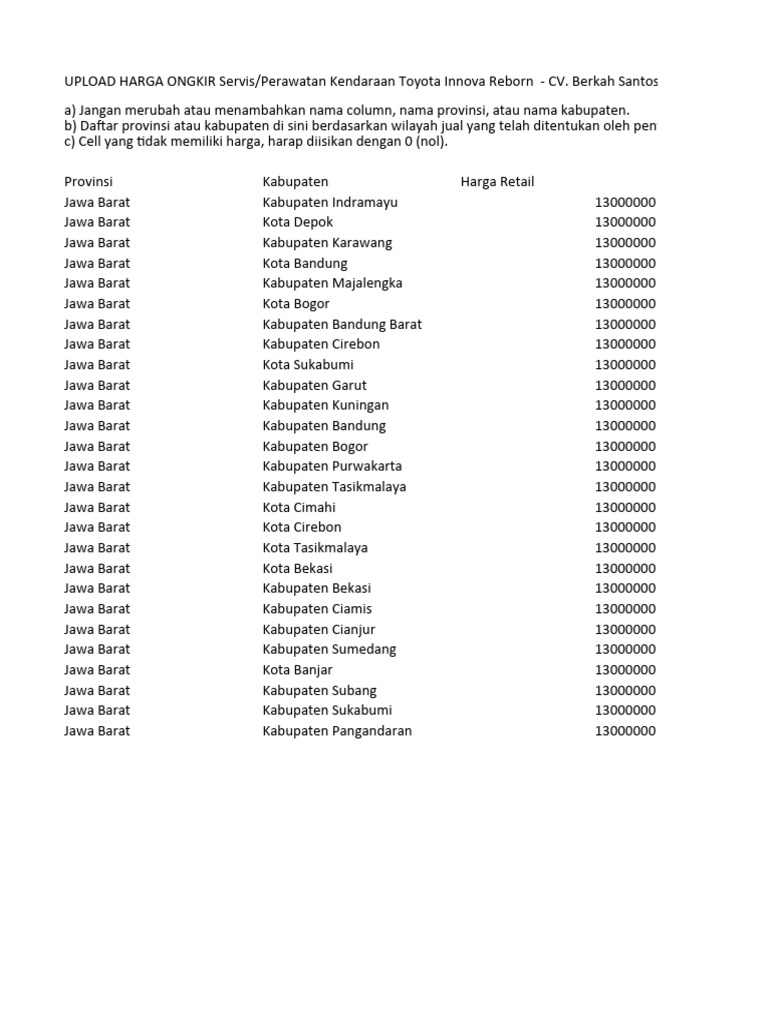 Template Harga Produk Servis - Perawatan Kendaraan Toyota Innova Reborn - CV. Berkah Santosa | PDF