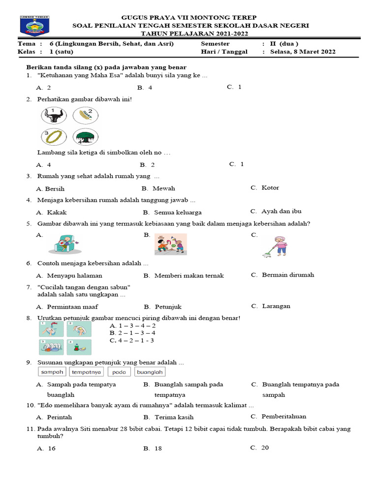 PTS KELAS 1 (Tema 6 Subtema 1 Dan 2) | PDF