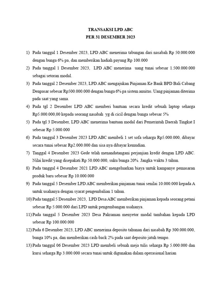 Transaksi LPD Abc - Akuntansi Perbankan Dan LPD | PDF