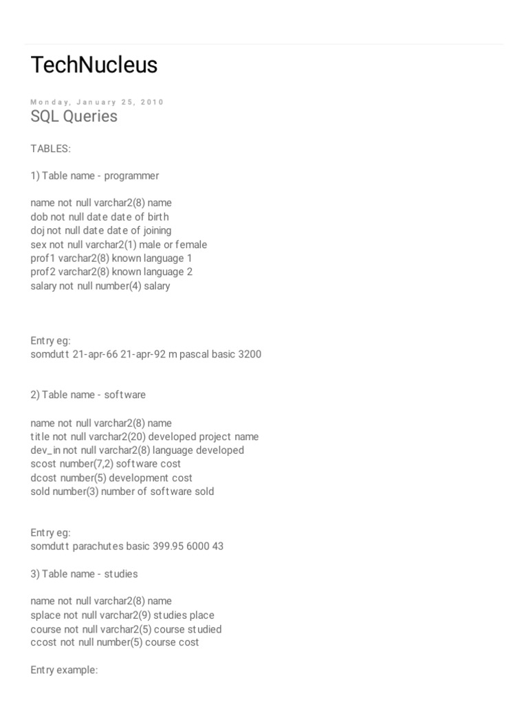 TechNucleus - SQL Queries | PDF | Information Technology | Software TechNucleus - SQL Queries | PDF | Information Technology | Software