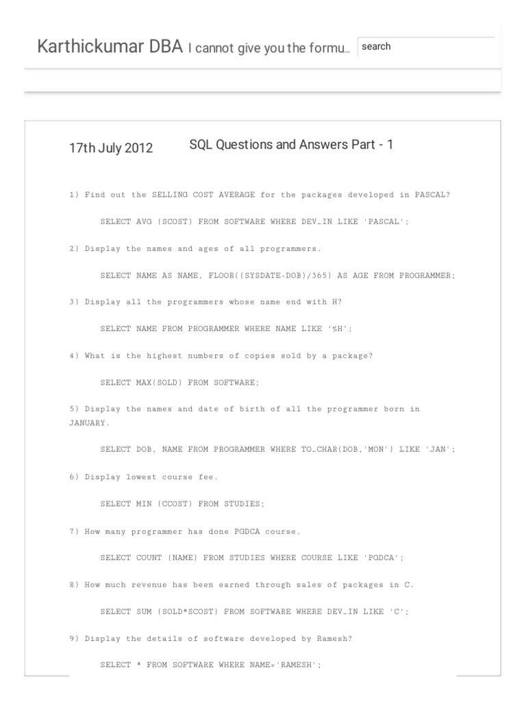 Karthickumar DBA - SQL Questions and Answers Part - 1 | PDF | Software | Computer Engineering