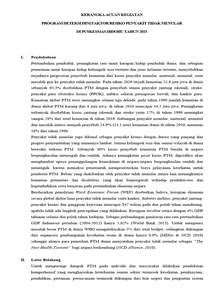 KAK Program Deteksi Dini Faktor Resiko Penyakit Tidak Menular - Didohu | PDF