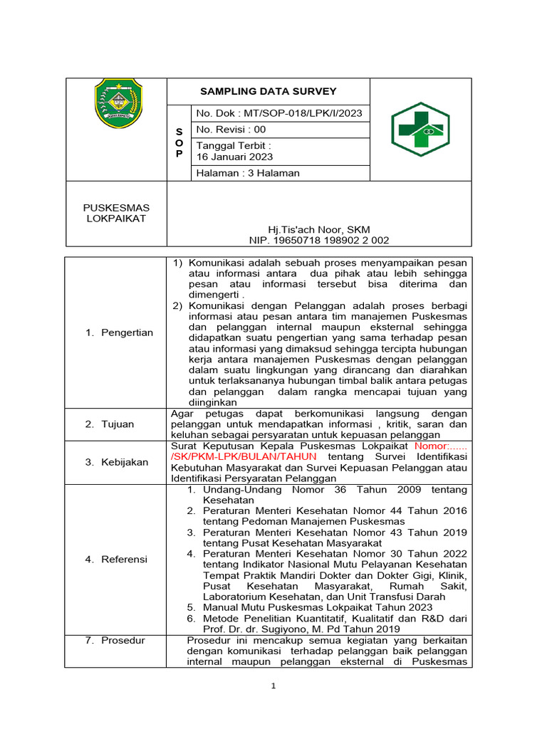 KADA DIPRINT 18. SOP Sampling Data Survei Adkom Arif SK BLM OK | PDF