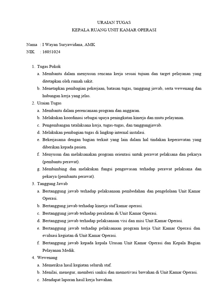 Uraian Tugas Kepala Ruang Ok | PDF | Karier & Perkembangan