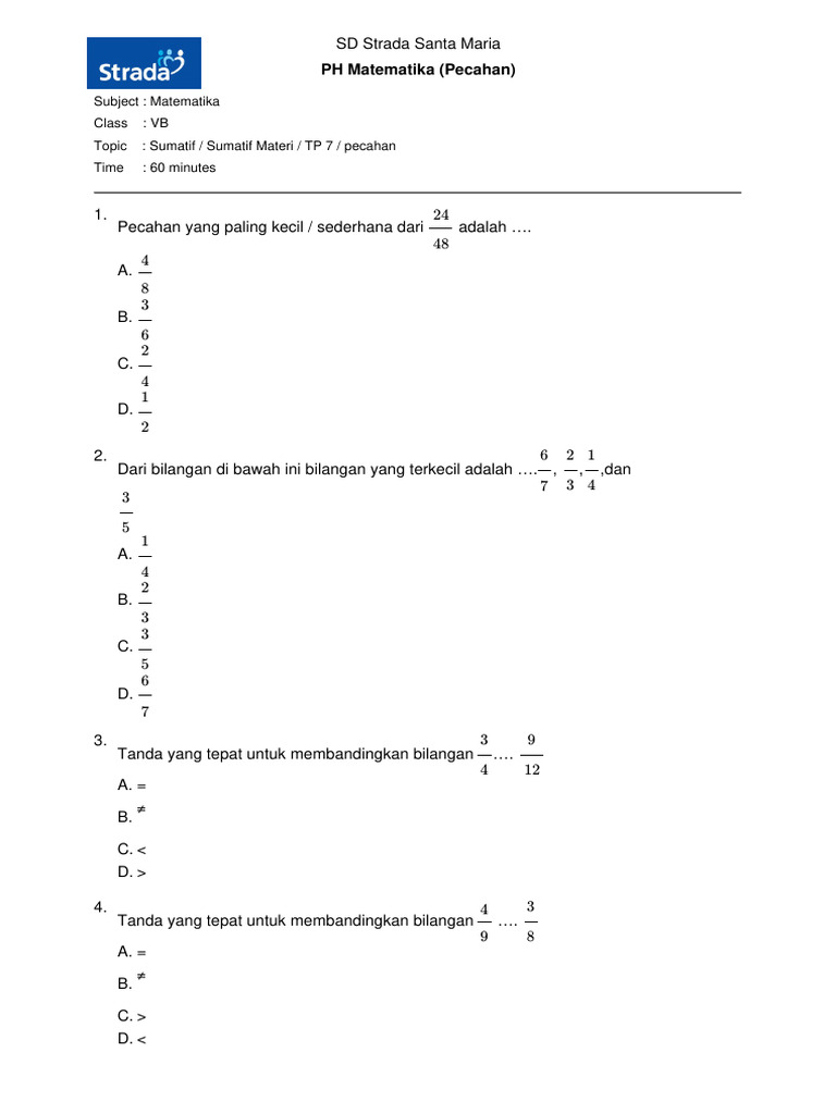 Matematika - PH Matematika (Pecahan) - Question | PDF