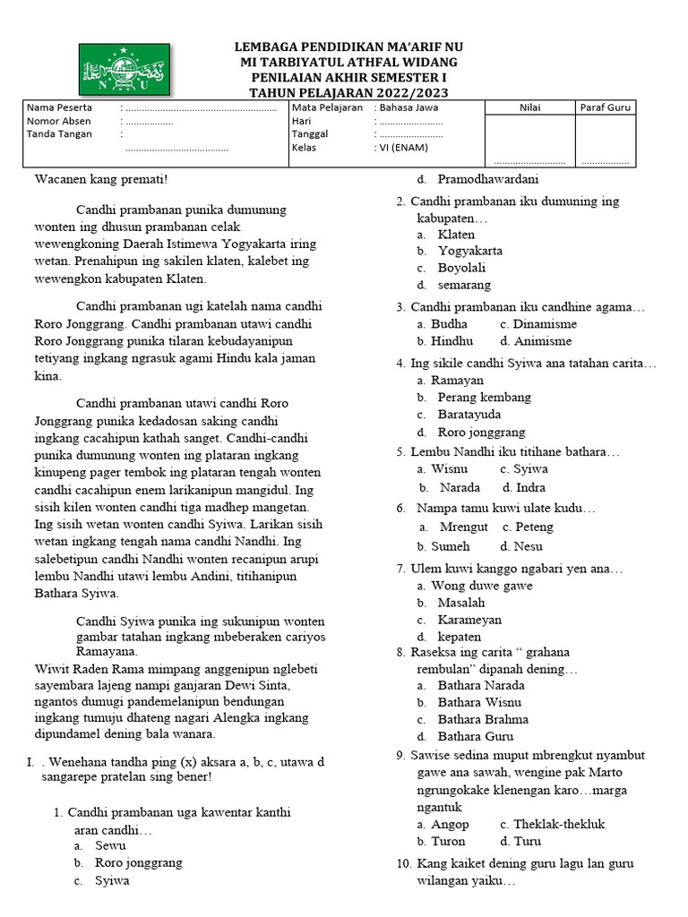 PAS SEM 1 Bahasa Jawa Kelas 6 | PDF