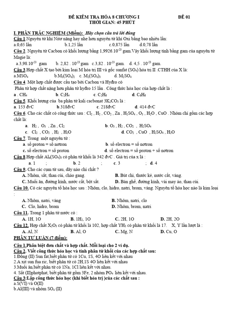 Bo de Kiem Tra 1 Tiet Hoa 8 Chuong I Hay | PDF