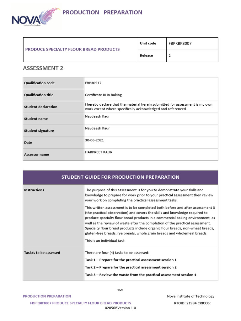 Assessment 2: Production Preparation | PDF | Breads | Flour