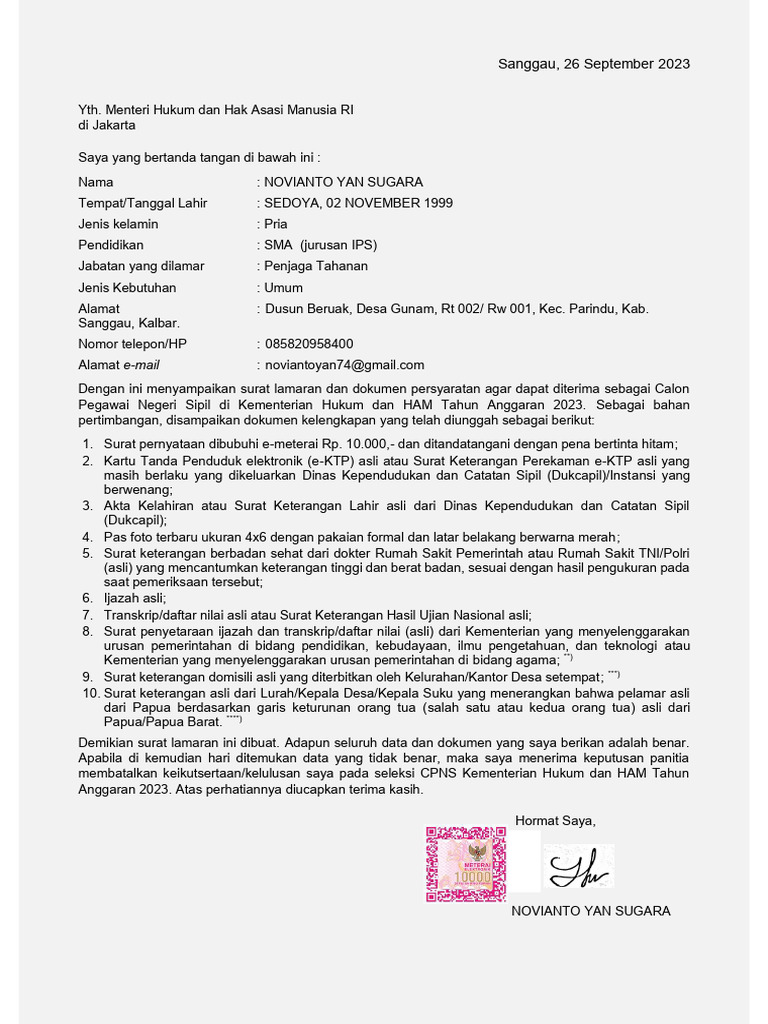 Final Surat Lamaran CPNS 2023 SLTA-111 | PDF