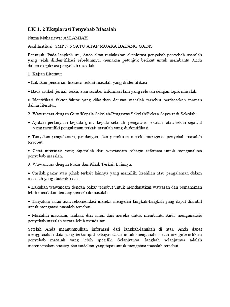 LK 1.2 Eksplorasi Penyebab Masalah | PDF