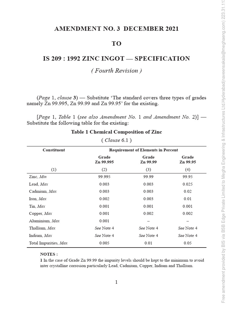 Amendment No. 3 December 2021 TO Is 209: 1992 Zinc Ingot - Specification | PDF | Zinc | Chemical ...