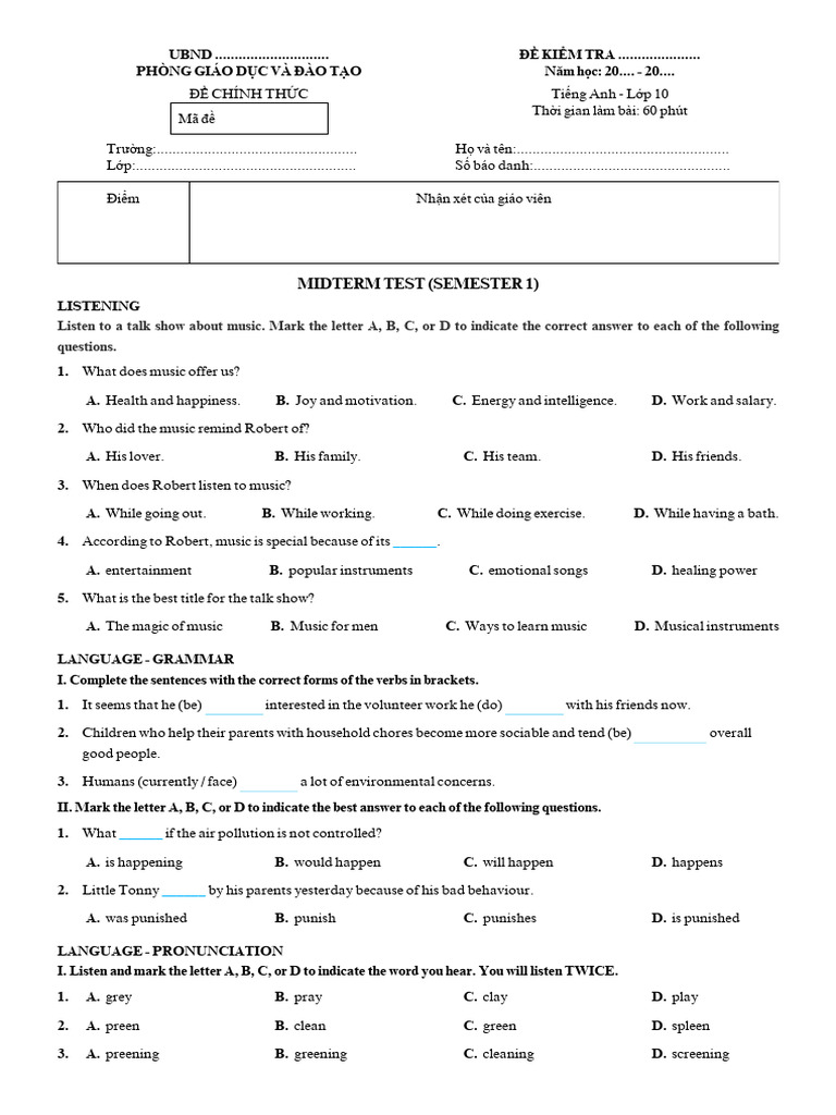 Midterm Test (Semester 1) | PDF | Language Arts & Discipline