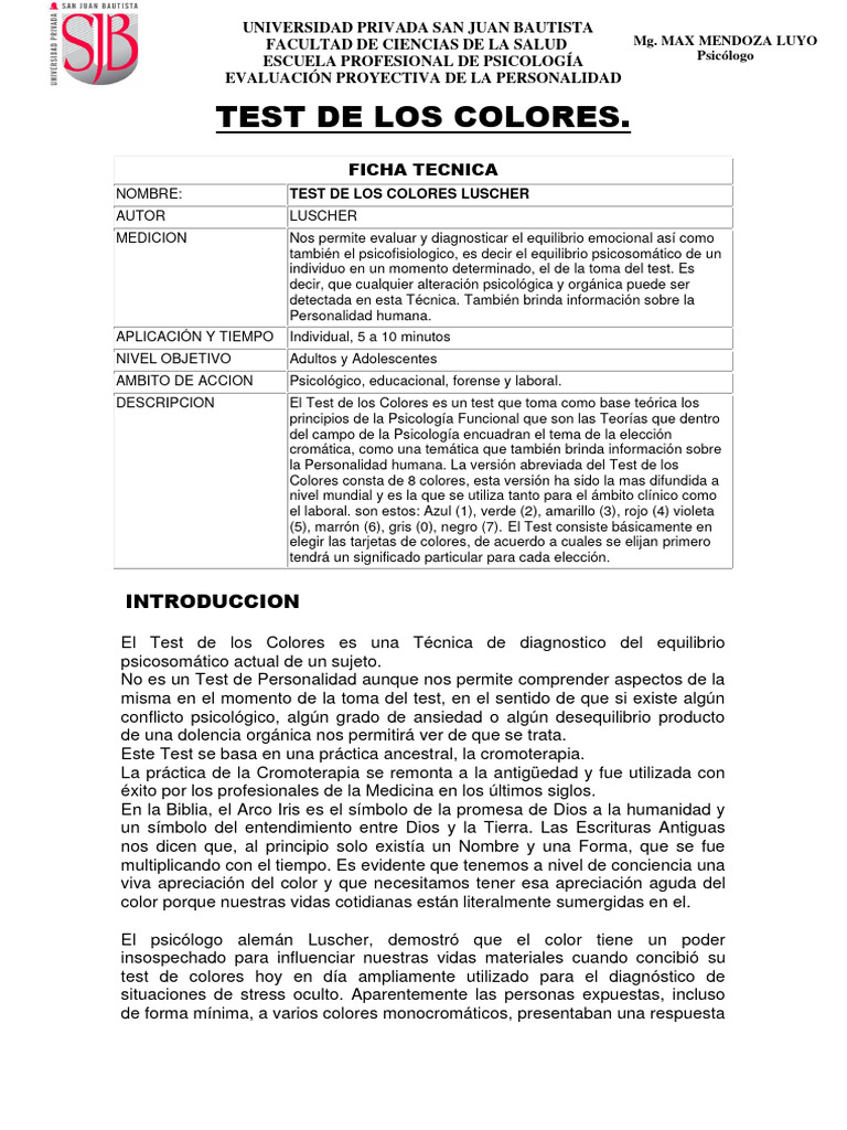 Test de Los Colores de Max Luscher | PDF | Sicología | Color Test de Los Colores de Max Luscher | PDF | Sicología | Color