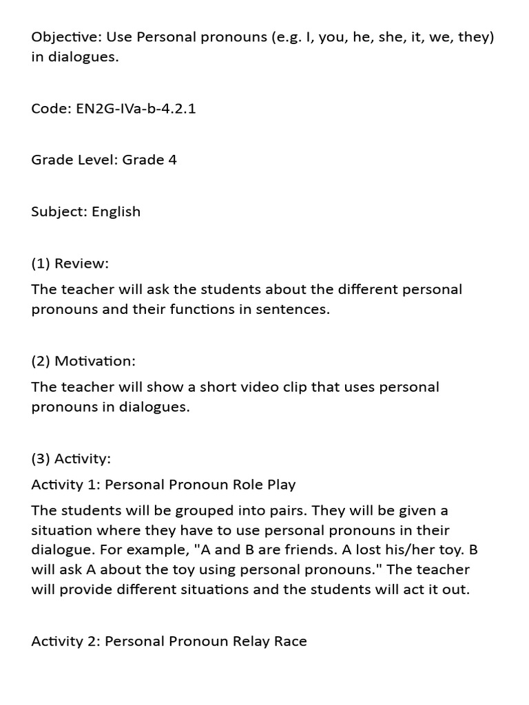 Lesson Plan - Pronouns | PDF | Pronoun | Subject (Grammar)