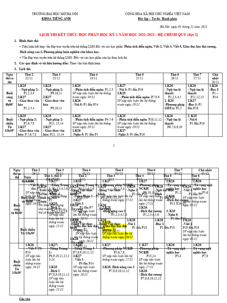 1. (11.11) LỊCH THI KTHP HK1 HỆ CQ (21-22) - ĐỢT 2 | PDF
