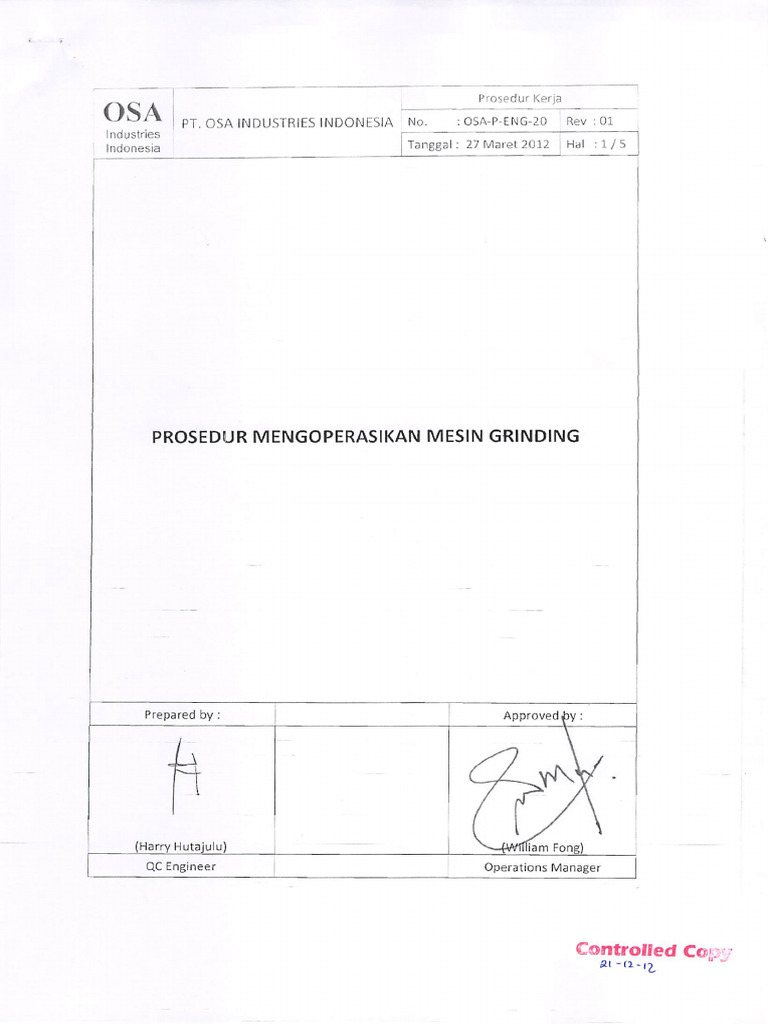 OSA-P-ENG-20 Prosedur Mengoperasikan Mesin Grinding | PDF