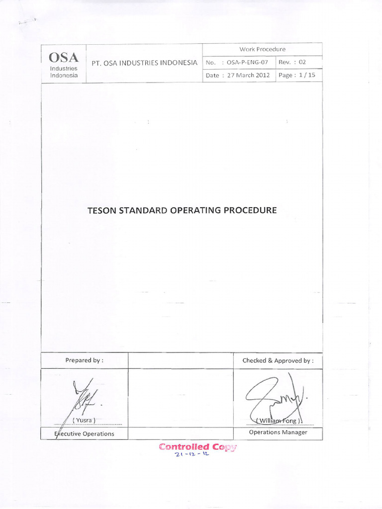 OSA-P-ENG-07 Teson Standard Operating Procedure | PDF