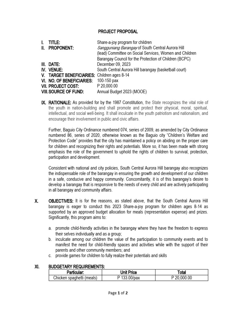 Share-a-Joy Program Proposal 2023 | PDF | Government | Justice