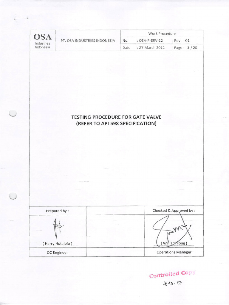 OSA-P-SRV-12 Testing Procedure For Gate Valve (Refer To API 598 ...