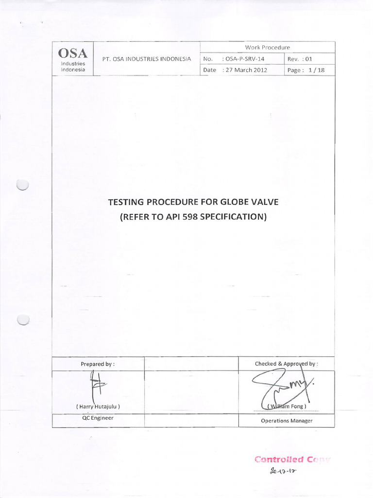 OSA-P-SRV-14 Testing Procedure For Globe Valve (Refer To API 598 ...