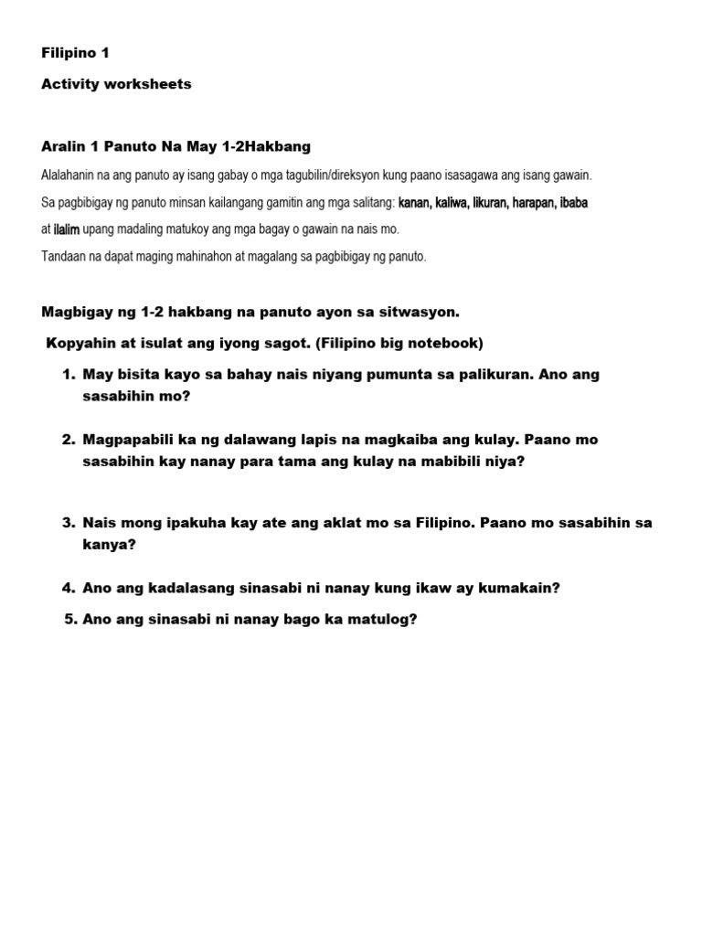 Filipino 1 Activity Worksheet Dec.42023 | PDF