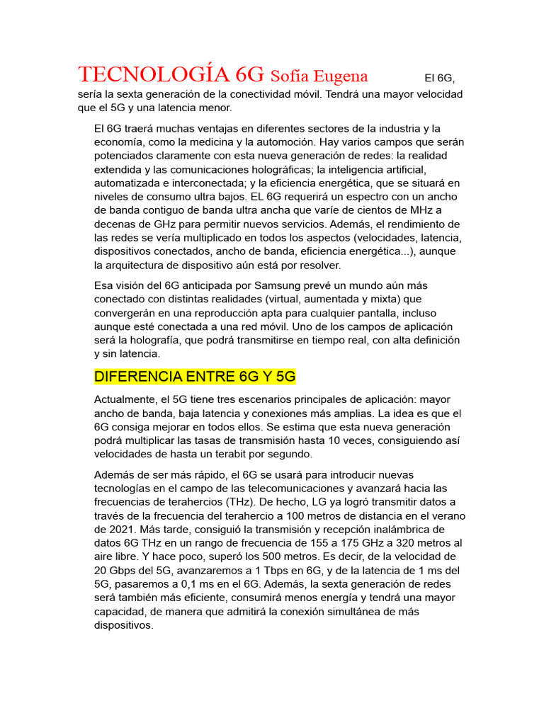 TECNOLOGÍA 6G Sofía Eugena 1 | PDF | Telefonía móvil | Informática