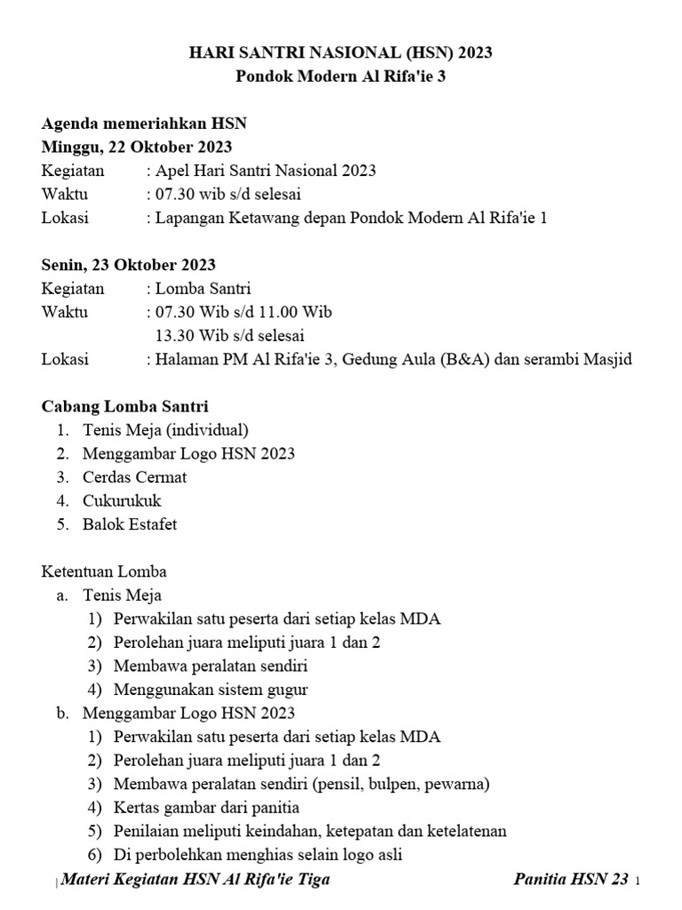 Agenda Kegiatan Hari Santri 2023 | PDF | Metode & Bahan Ajar | Griya & Taman
